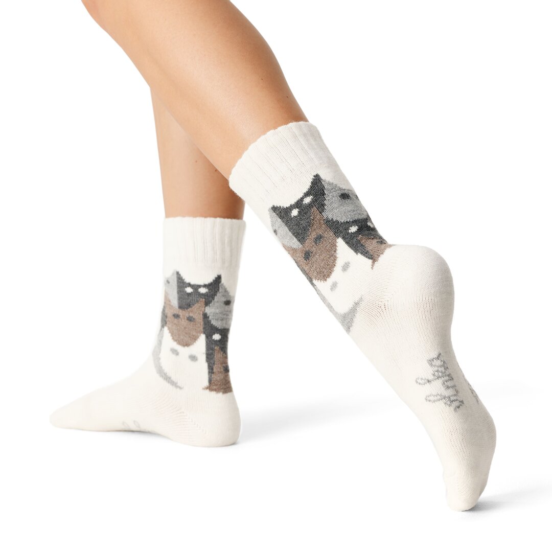 Merino Wool Socks Cats White - Woolville.com