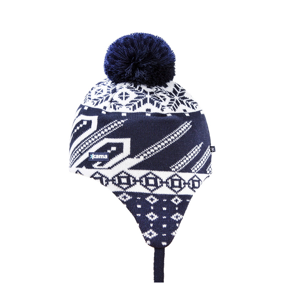 Knitted cap with earflaps merino Kama A113 - Dark blue / Navy ...